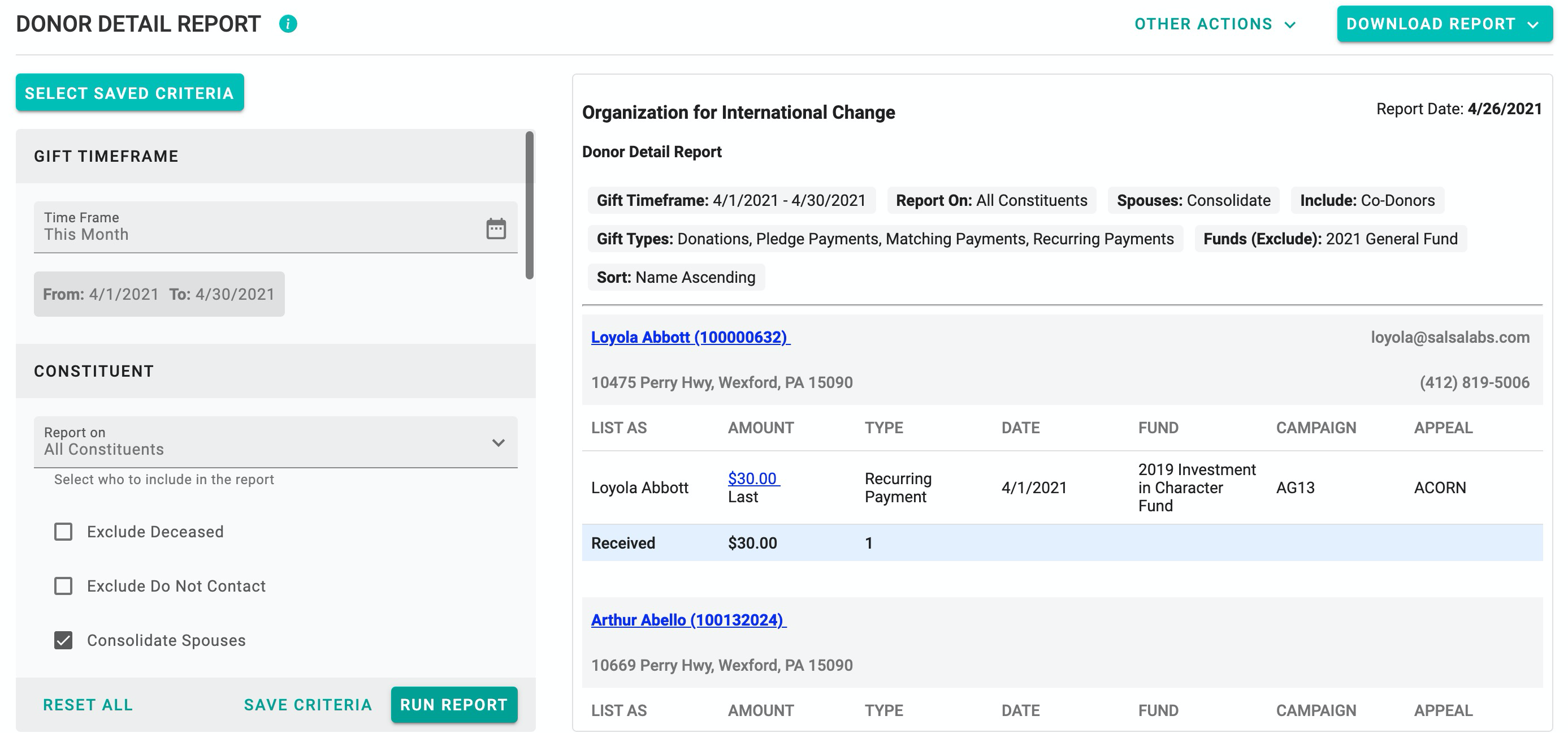 Donor Detail Report – Salsa Knowledgebase