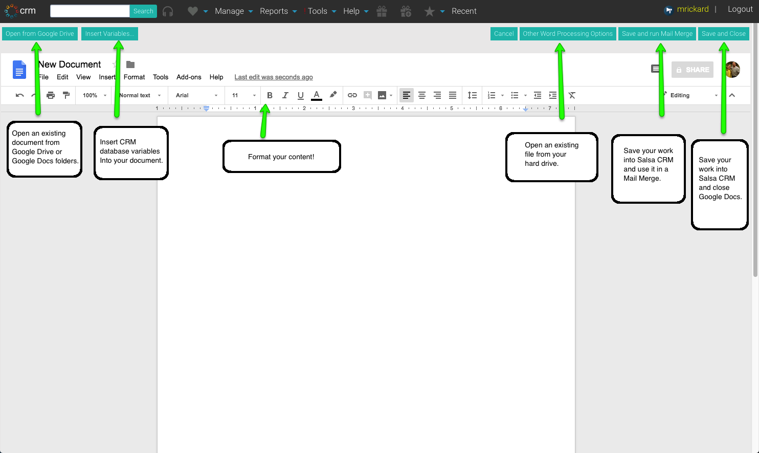 Document Editor Create A New Document Using Google Docs Salsa
