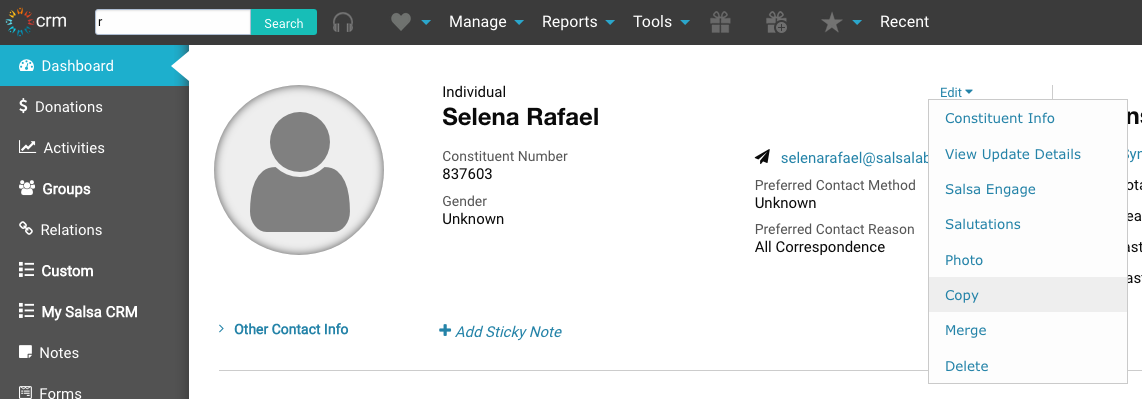 Clone a constituent record to create their spouse or partner – Salsa Knowledgebase